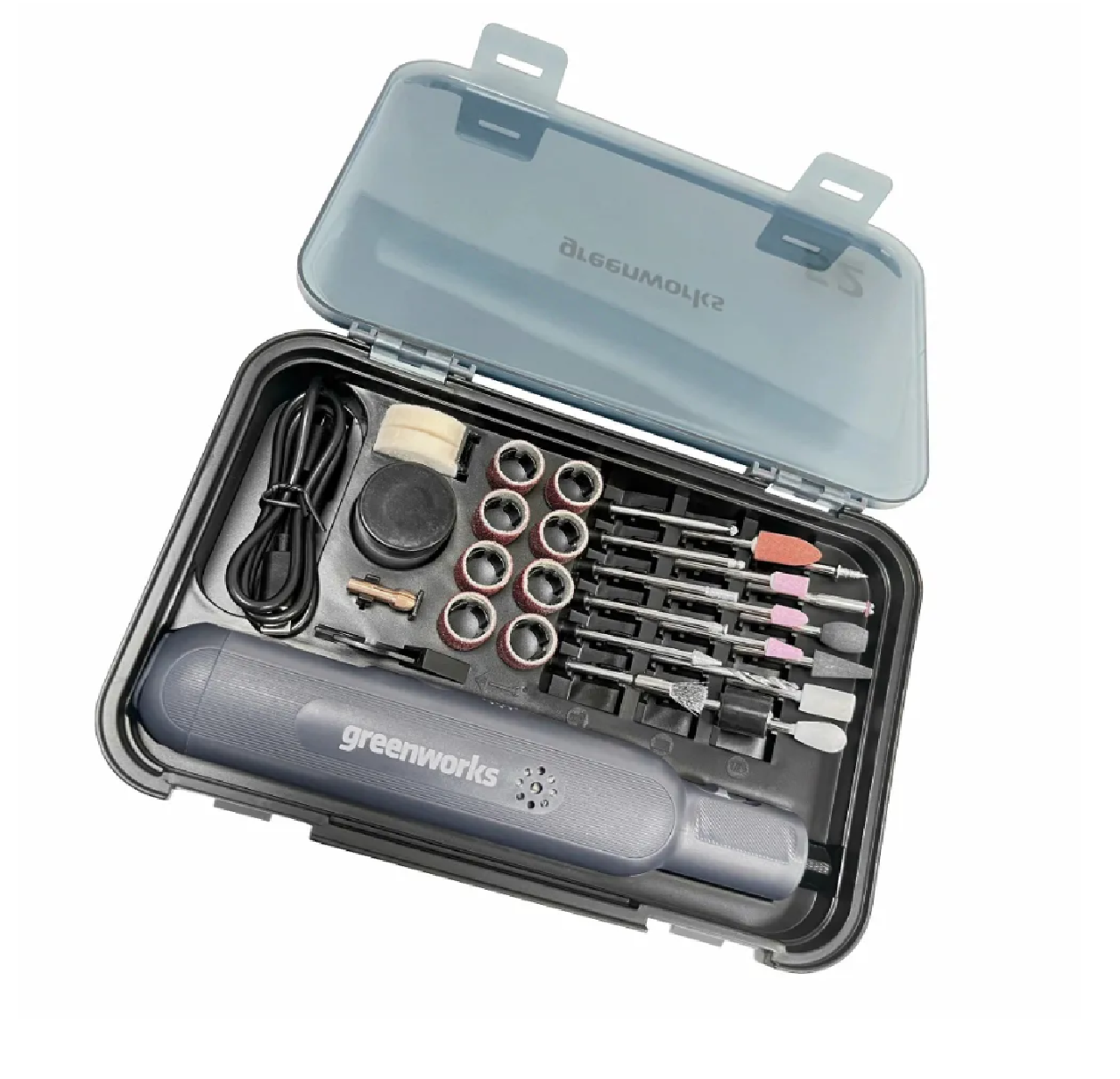 Гравер аккумуляторный GREENWORKS GPT-8VRT, 8V, арт. 3200707, с принадлежностями 52 шт
