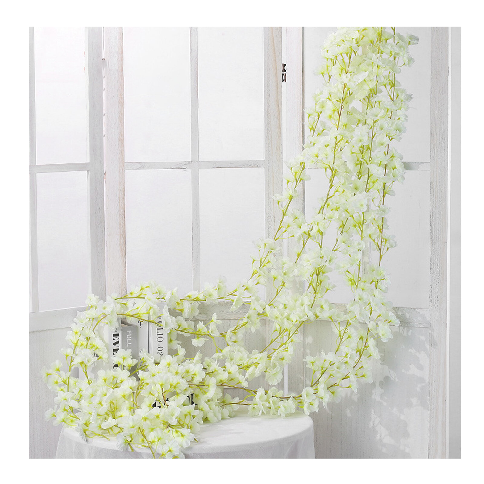 Artificial Flower Rattan Single 1.8m 135pcs Flowers Head Vivid Decorative Silk Plastic Hanging Fake for Decoration White