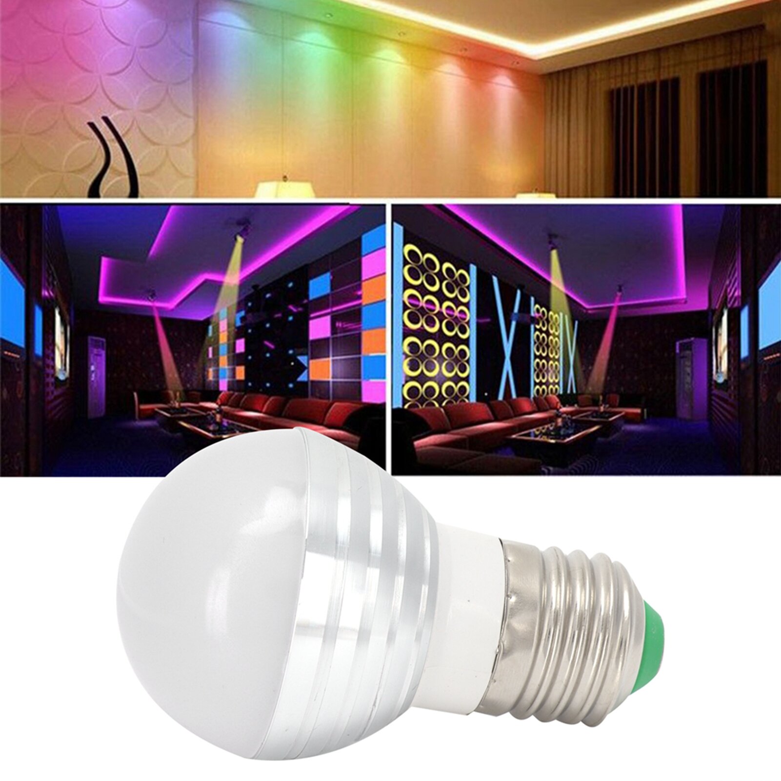 Лампочка RGB с пультом управления E27 7 цветов для освещения'ambиентных'interьеров, декора КТВ, баров, клубов, напряжение 85-265V, материал алюминий+PC, поток 270 лм, угол 120°, мощность 3Вт, защита IP20, цветопередача 70-80, вес 62г, размер 80x50мм, в