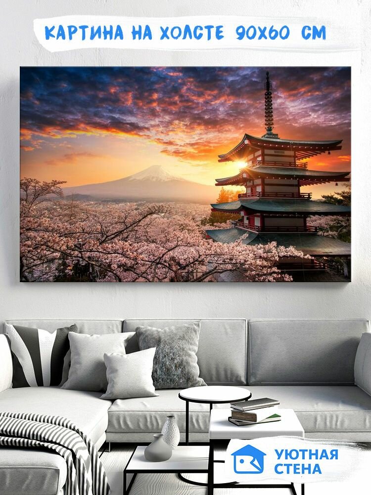 Картина на натуральном холсте Уютная стена "Закат у горы Фудзи" 90х60 см