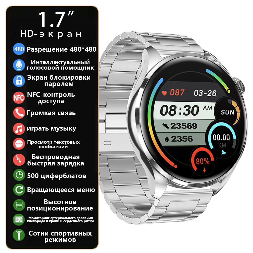 Умные часы Zhiwuyou GT5 Pro，1.7″，IP68, русский，Толстый стальной ремешок, мониторинг ЧСС и АД，серебро，bluetooth