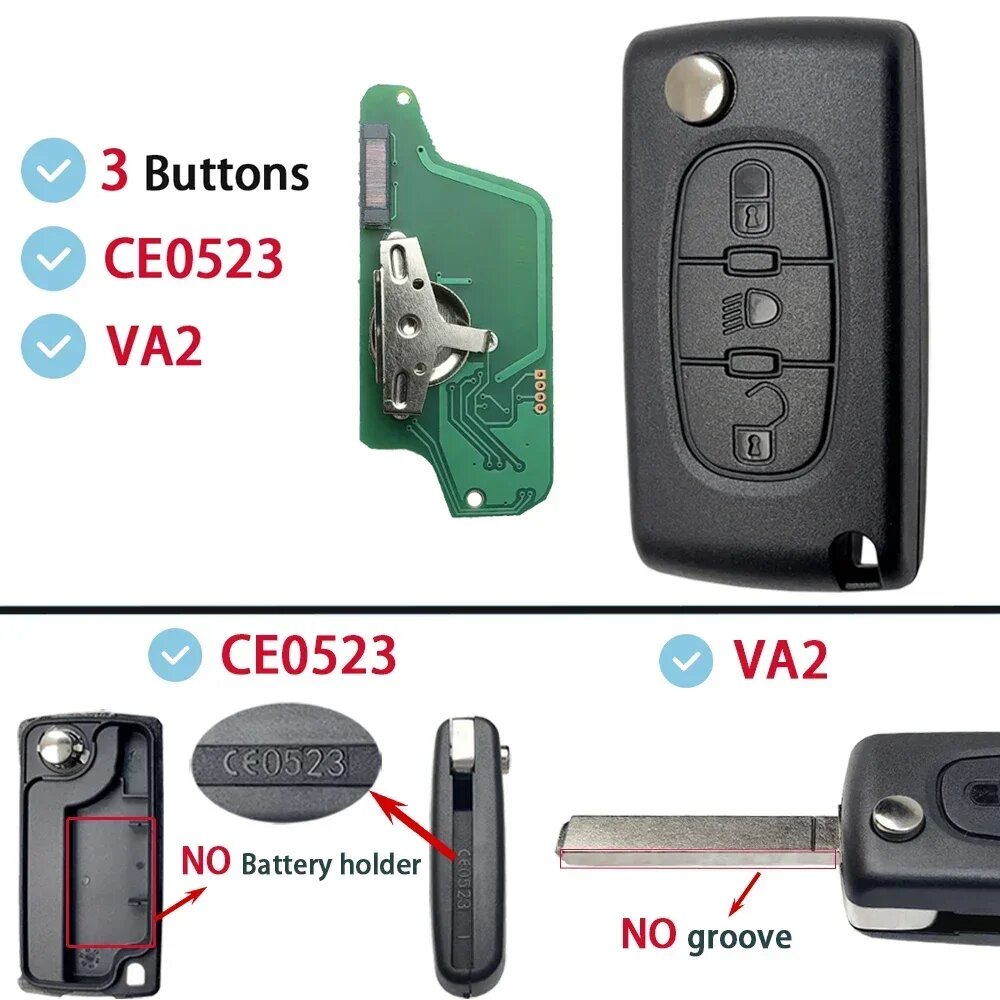 Откидной дистанционный ключ EMORPHO для Citroen C2 C3 C4 C5 C6 3 Btns-02-0523-VA2, ASK For Citroen
