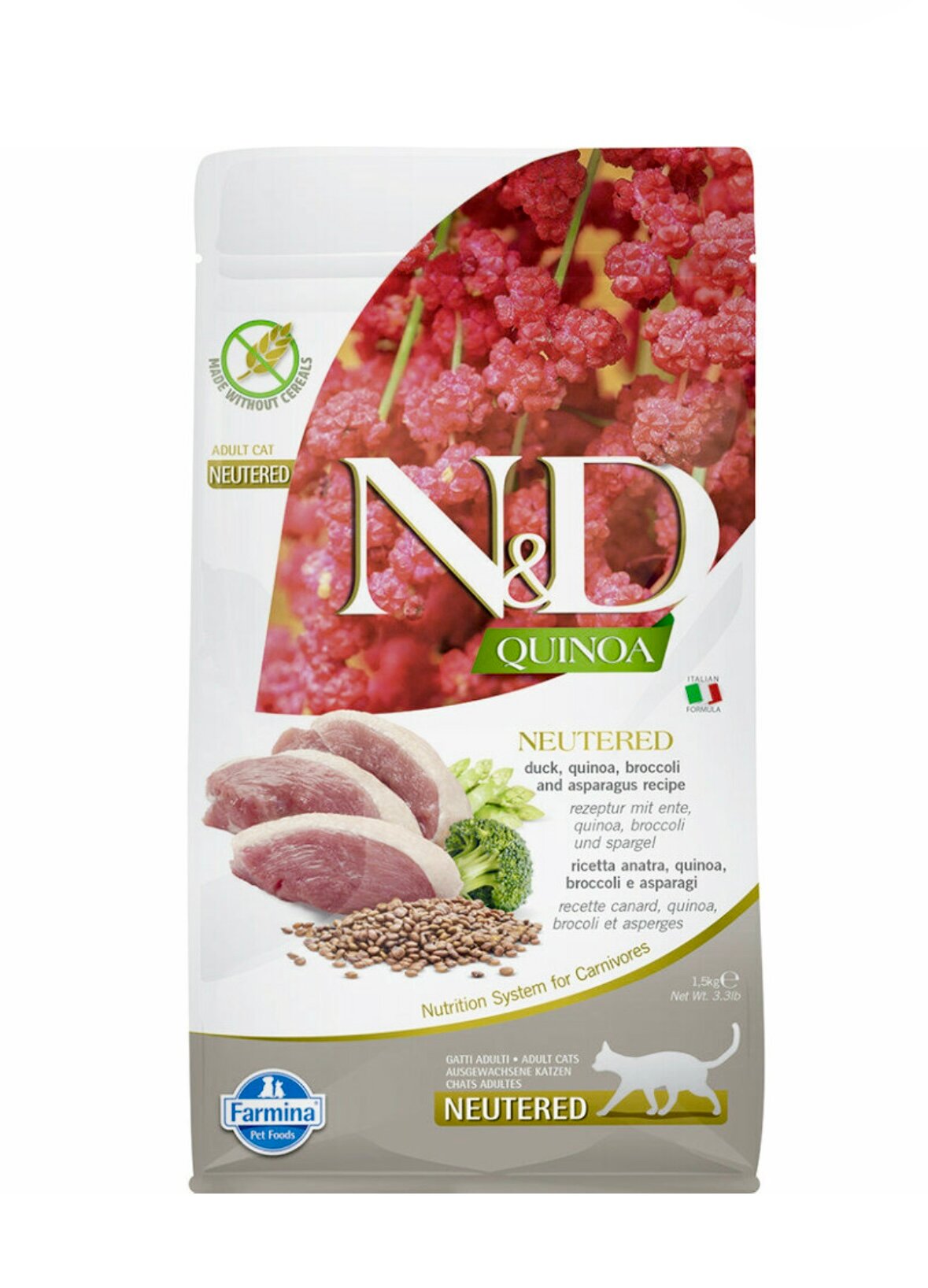 Сухой корм Farmina ND Cat GF Quinoa Duck Neutered Adult для стерилизованных кошек и кастрованных котов с уткой и киноа, 1,5кг
