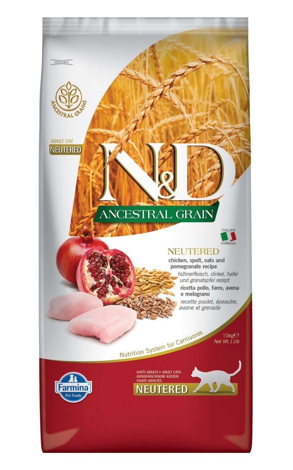 Корм сухой FARMINA ND ANCESTRAL GRAIN CAT Chicken Pomegrante Neutered для стерилизованных кошек с курицей и гранатом, 10кг
