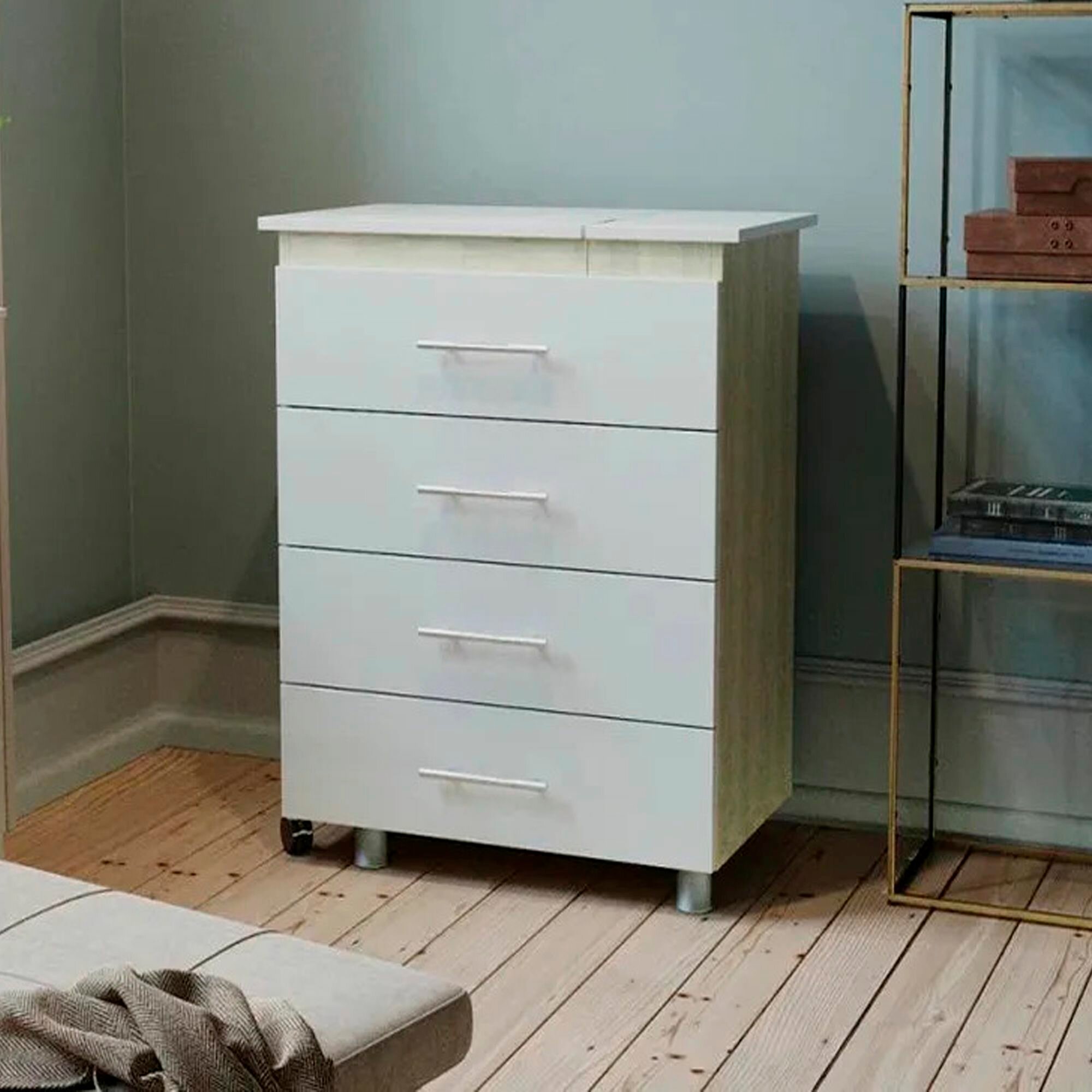 Комод К-1.4 с гладильной доской Дуб сонома светлый / Белый жемчуг, ширина 75 см, с выдвижными ящиками, для дома, в спальню