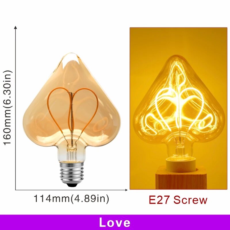 Регулируемая яркость 4W E27 Ретро Эдисона Светодиодная лампа накаливания в форме сердца Теплый белый 2200K 220V ST64 G80 G95 G125 Винтажная лампа для украшения дома