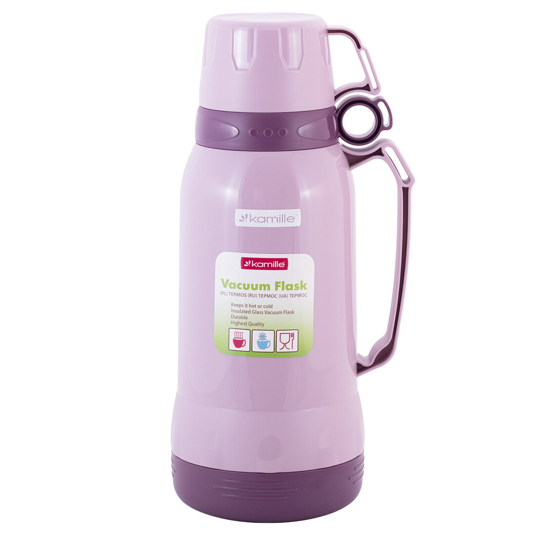 Термос 1800 мл. со стеклянной колбой Kamille KM 2024 пластиковый, 2 чашки (2024 / фиолетовый)