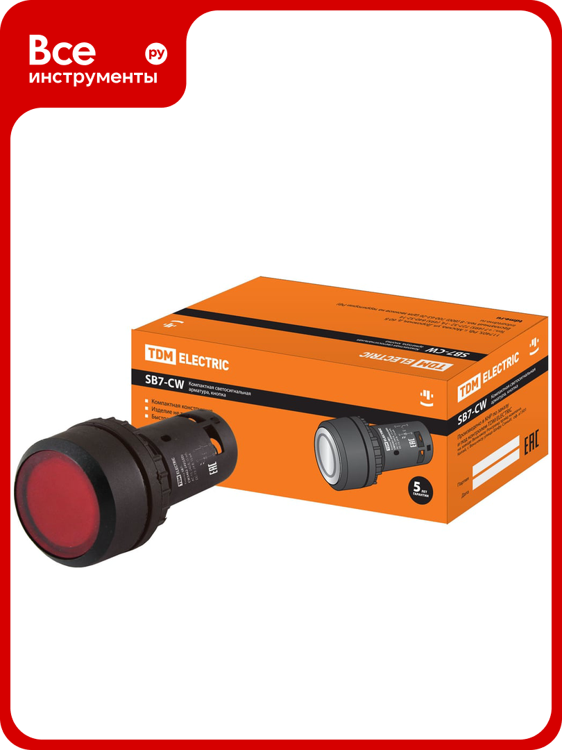 Кнопка TDM ELECTRIC sb7-cw3462-24v(led) d22мм, 1р красная D22