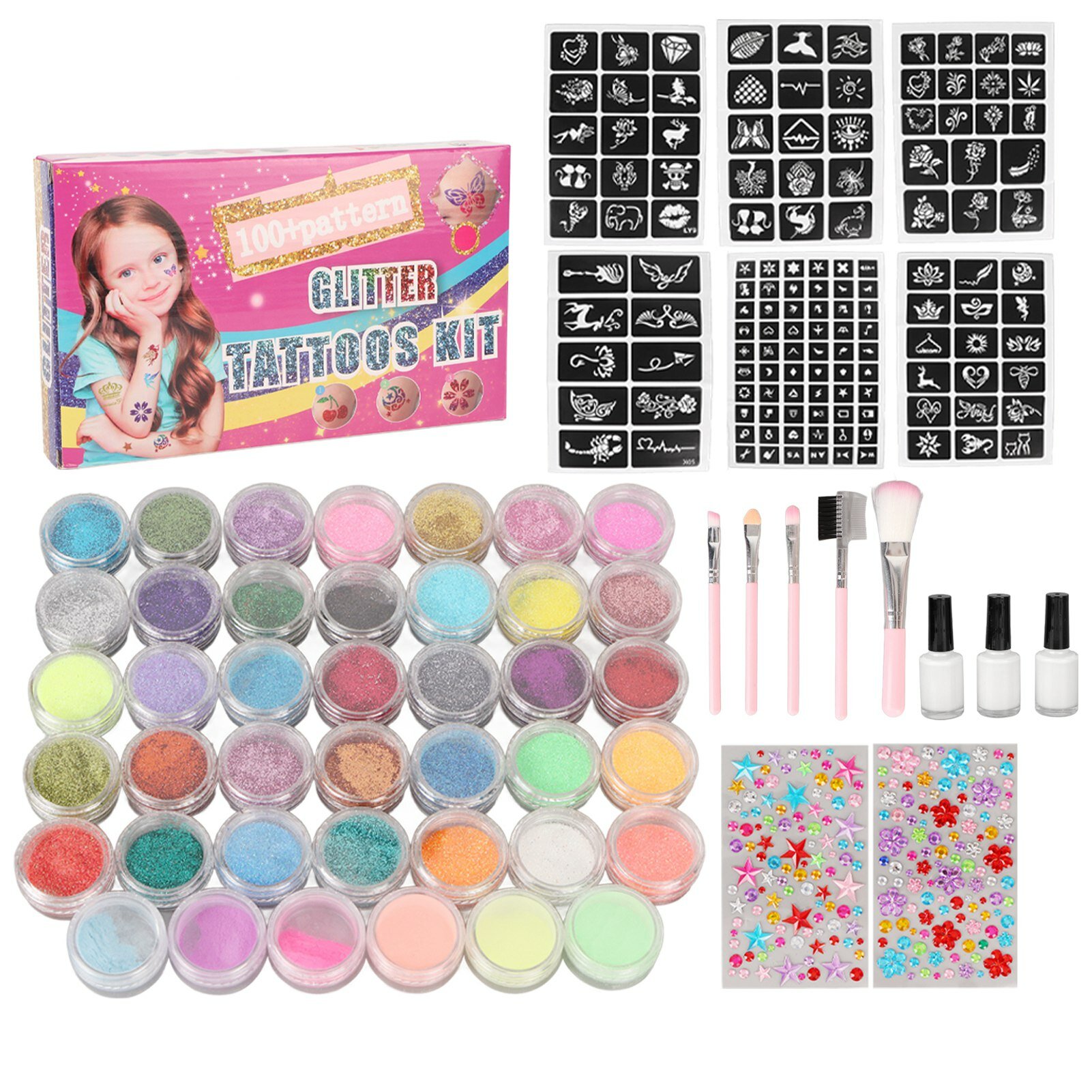 Набор временных татуировок с блестками, 35 цветов, 30 мл, стойкий водостойкий клей для детского нейл-арта, вечеринок, макияжа и тела.