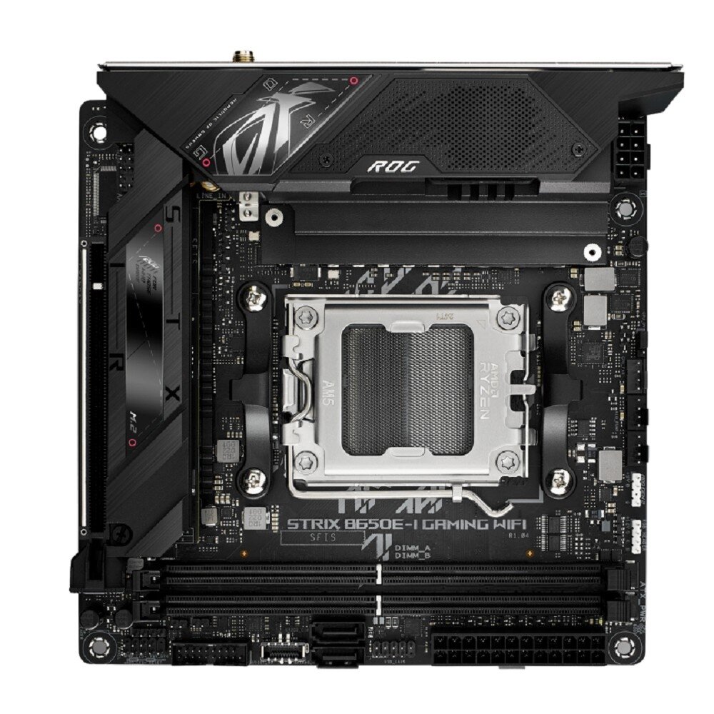 Материнская плата ASUS ROG STRIX B650E-I GAMING WIFI (Socket AM5, mini ITX, 2xDDR5(64GB), HDMI 2.1, 1xPCIe 5.0x16, 1xLAN (2.5GbE), Wi-Fi 6E, BT, 2xSATA 6Gb/s, 2xM.2, 2xType-C, 4xUSB 3.2, 2xUSB 2.0)