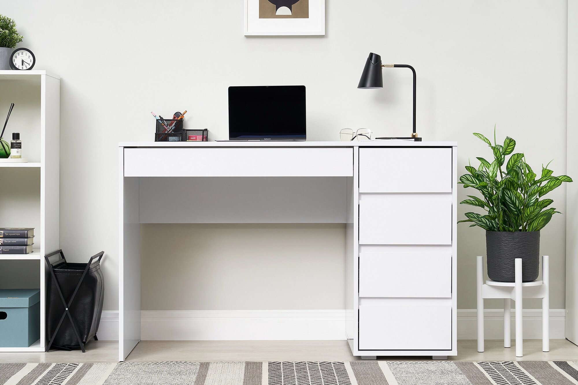 Стол письменный №13, белый глянец, ЛДСП, 5 ящиков, универсальный угол