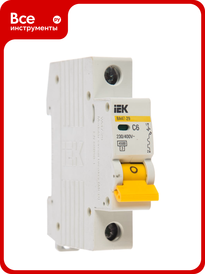 Автоматический, IEK, выключатель IEK ВА47-29 1п, 6А, "С", 4.5кА MVA20-1-006-C