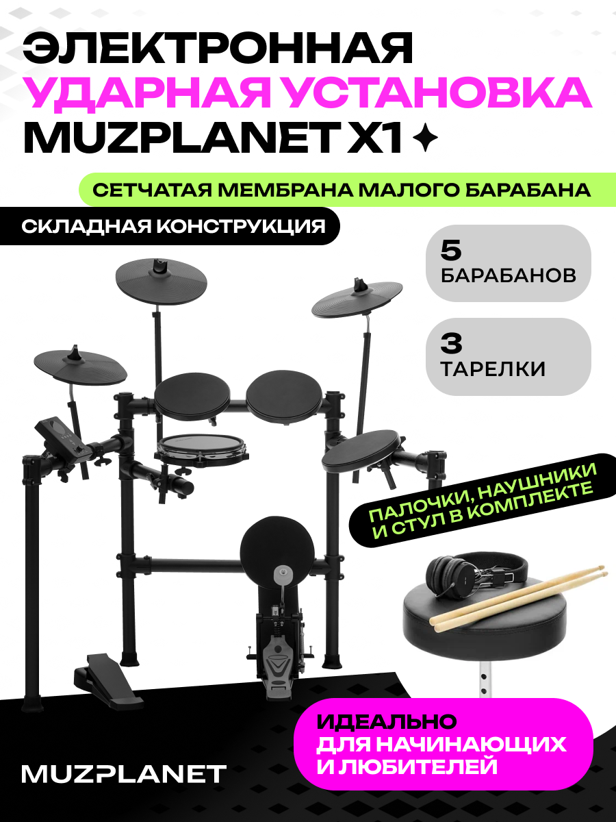 Ударная установка MUZPLANET X1, электронная, с рамой, черная