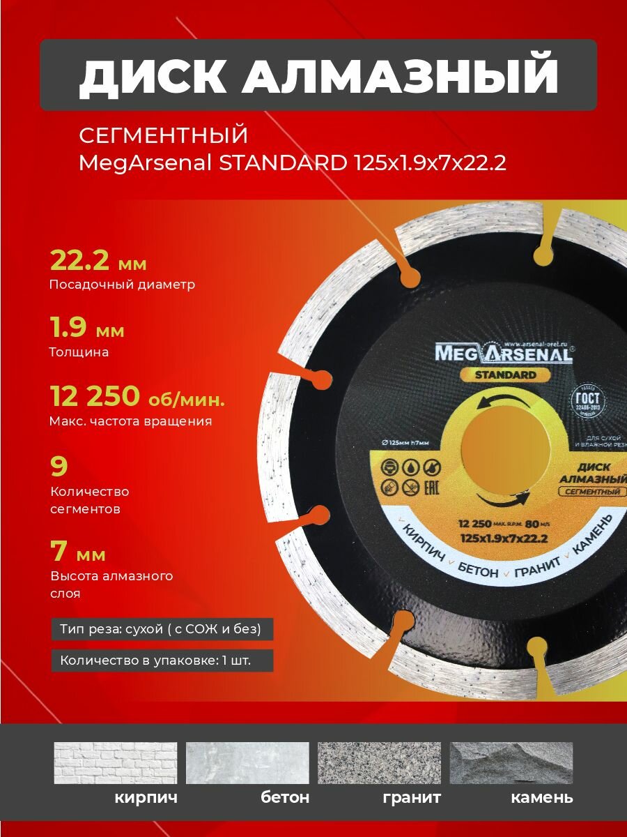 Диск алмазный сегментный MegArsenal STANDART 125х1,9х7х22,2