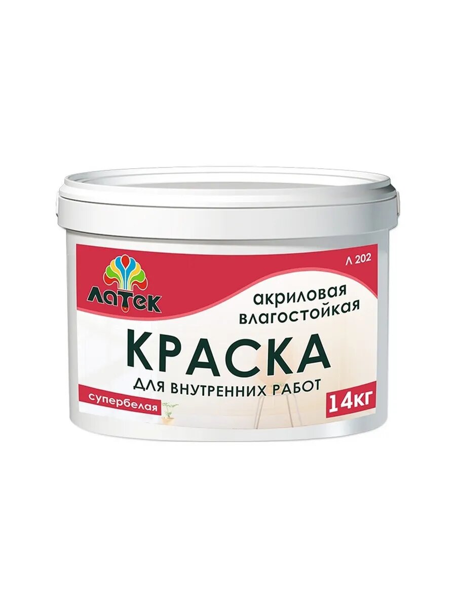 Краска водоэмульсионная латек Л202, влагостойкая, белая, матовая, 7 кг