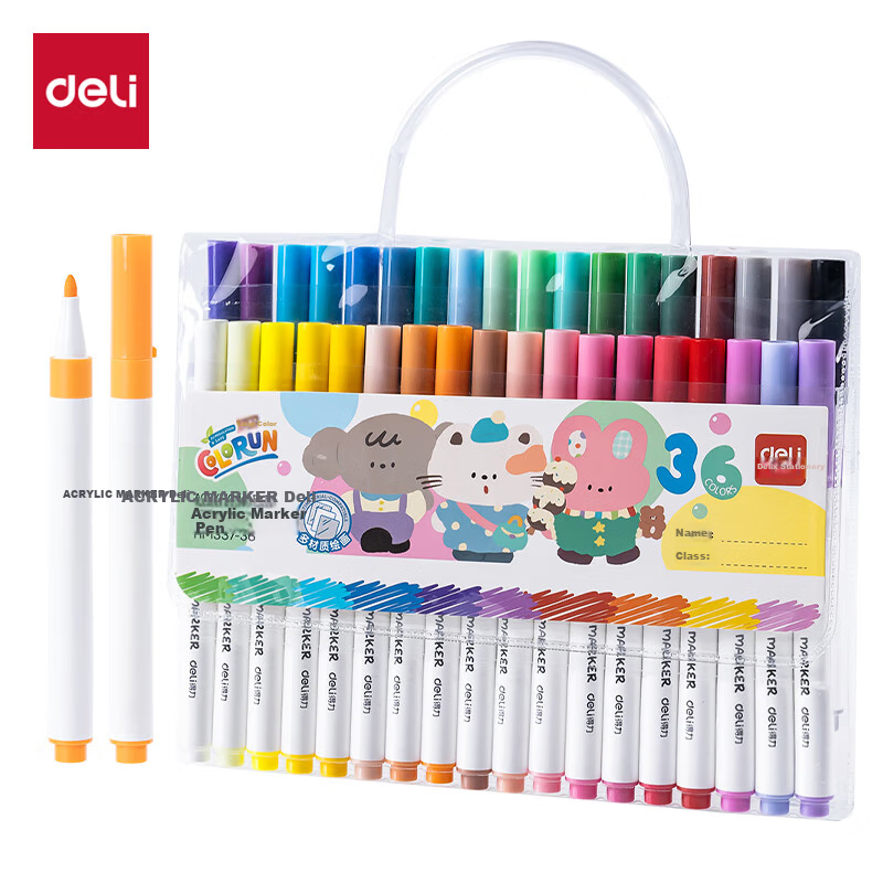 Deli 36 Colors Acrylic Marker Watercolor Pen Easy Grip Round Handle Student Children Coloring Hand-painted Fluorescent Marker Pen Drawing Pen Bag Packed HM337-36 DIY New Year Christmas Gift Art Sketch