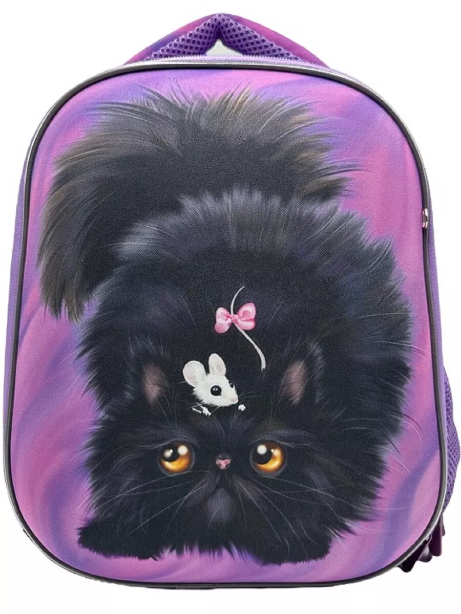 Рюкзак CENTRUM "Черный Кот", каркасный, для девочек, 2 отделения, чёрный/фиолетовый
