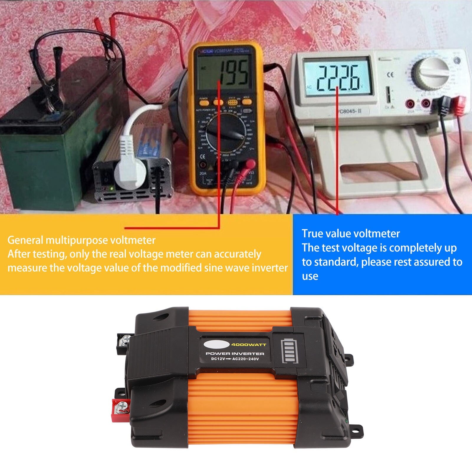 Модифицированный синусоидальный инвертор мощностью 4000 Вт. Автомобильный солнечный инвертор со светодиодным экраном и двумя портами USB.