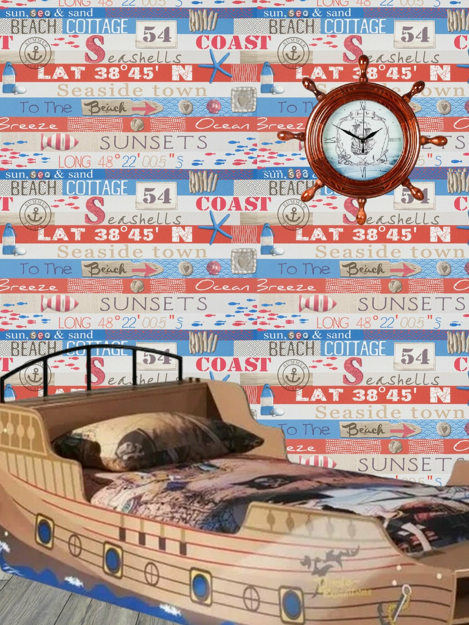 Обои виниловые на флизелине Морская тематика 105 метровые 1,06*10м горячего тиснения, красные в детскую,