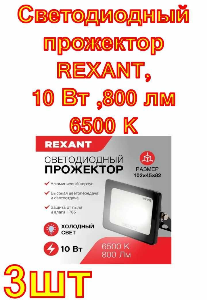 Светодиодный прожектор REXANT, 10 Вт ,800 лм 6500 K холодный свет 3 шт