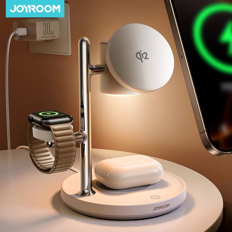 Магнитная зарядная станция Joyroom Qi2 для Apple, быстрое беспроводное зарядное устройство для iPhone 17, 16, 15 Pro Max, iWatch, AirPods JR-W23