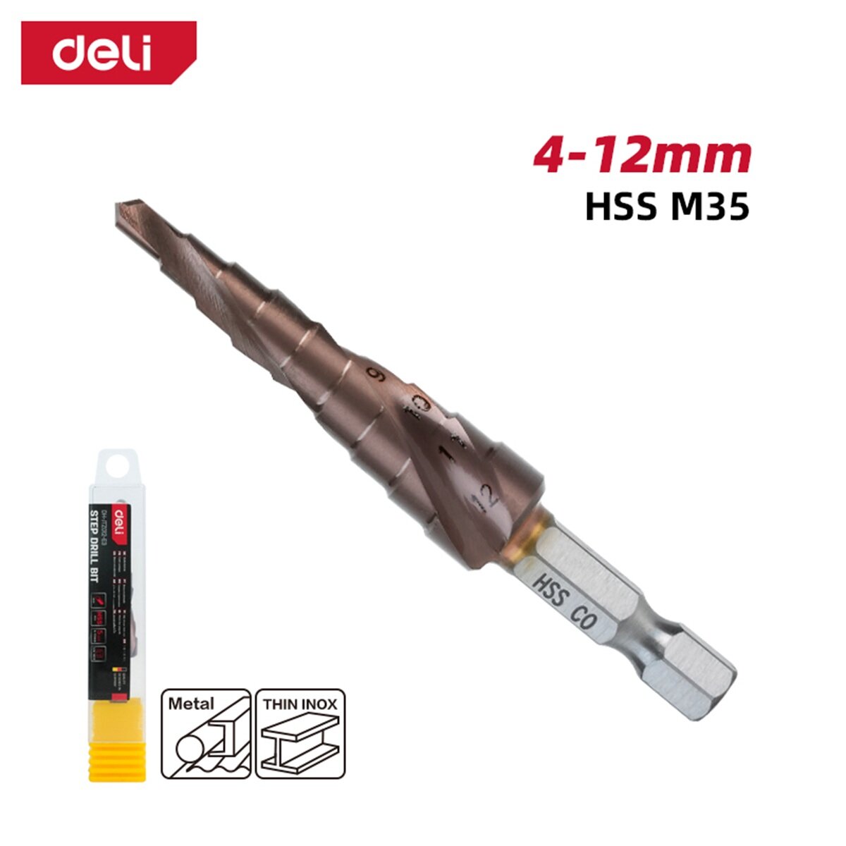Сверло ступенчатое по металлу 4-12мм Deli DH-JTZ012-E3 (HSS M35, спиральная канавка, шестигранный хвостовик)