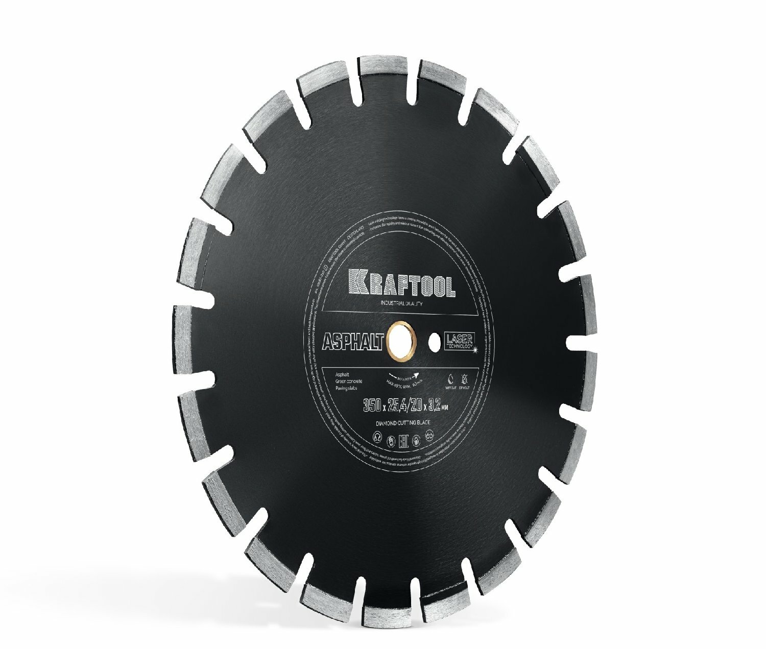 Алмазный диск KRAFTOOL ASPHALT 350 мм 25.4/20 мм 12х3.2 мм для сухой и мокрой резки асфальта и бетона с лазерной сваркой сегментов