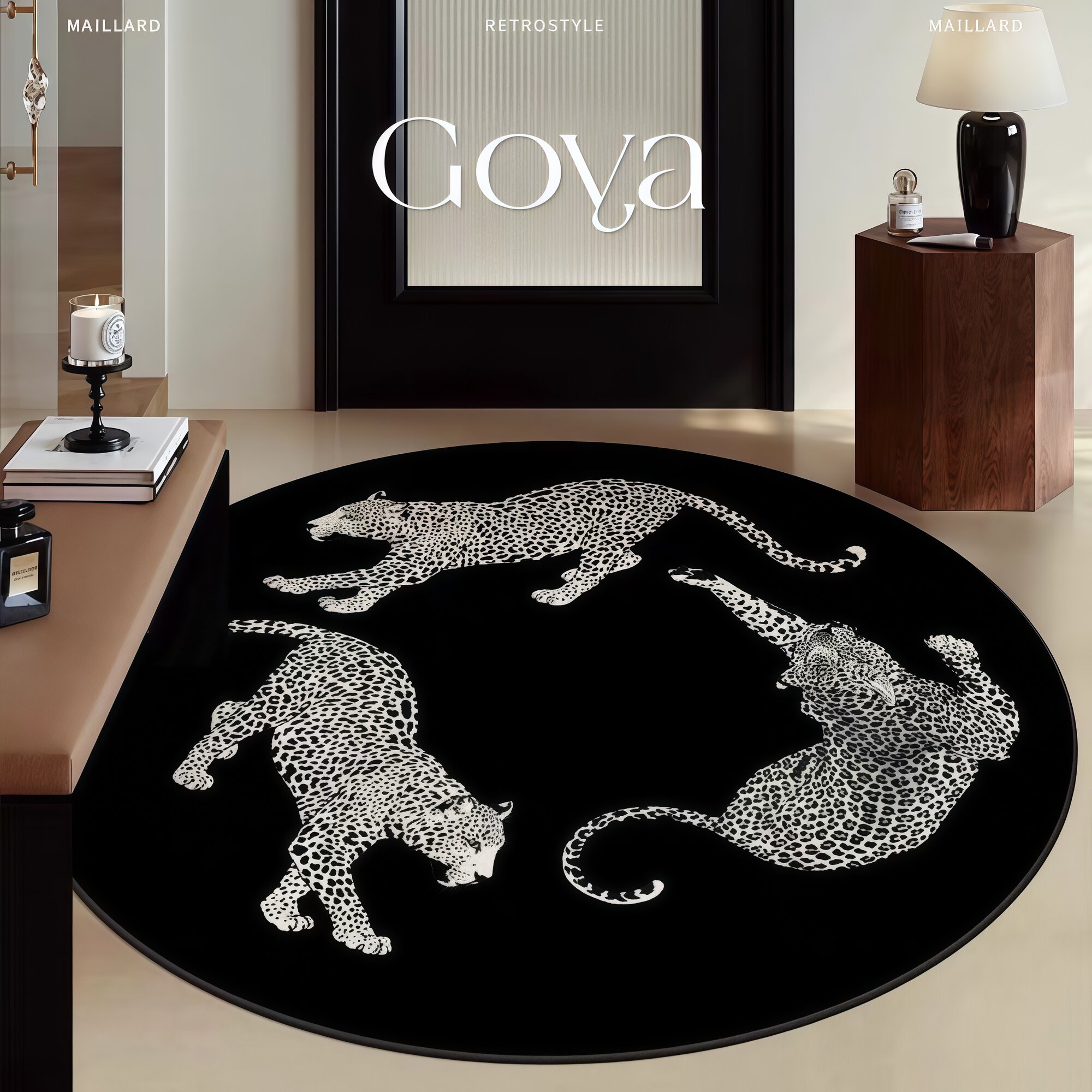 Ковер "GOYA", имитация леопарда, ручная стирка, антискользящий, 80X80см，чёрный