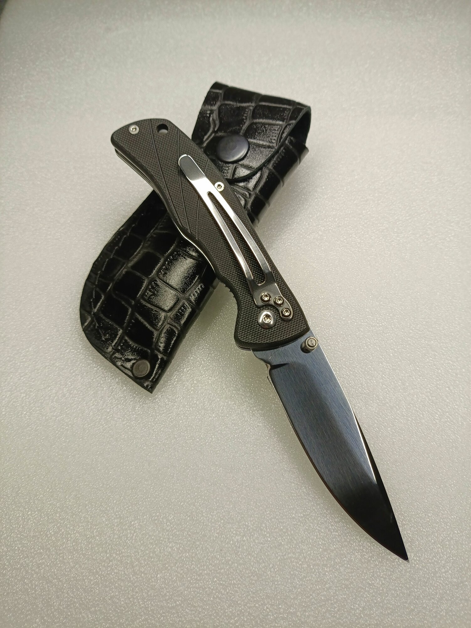 Нож складной с клипсой Black Fox сталь 65x13 длина 20см ручная работа ножны натуральная кожа в комплекте