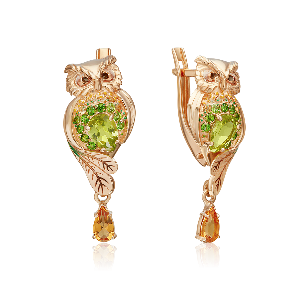 Серьги, красное золото, 585 проба, цитрин, хризолит