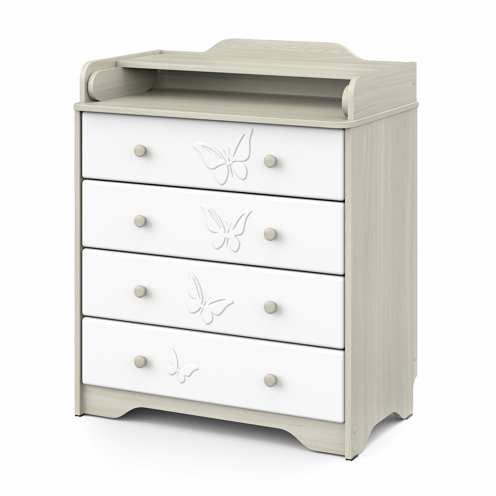 Комод пеленальный Сириус Aiden "Бабочки", ПВХ, шимо светлый-белый, 4 ящика, ЛДСП, МДФ