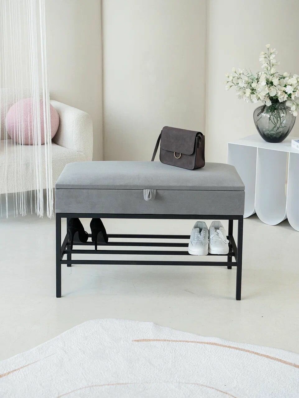 Банкетка в прихожую с мягким сиденьем, ящиком и полками для обуви 80х35х51см