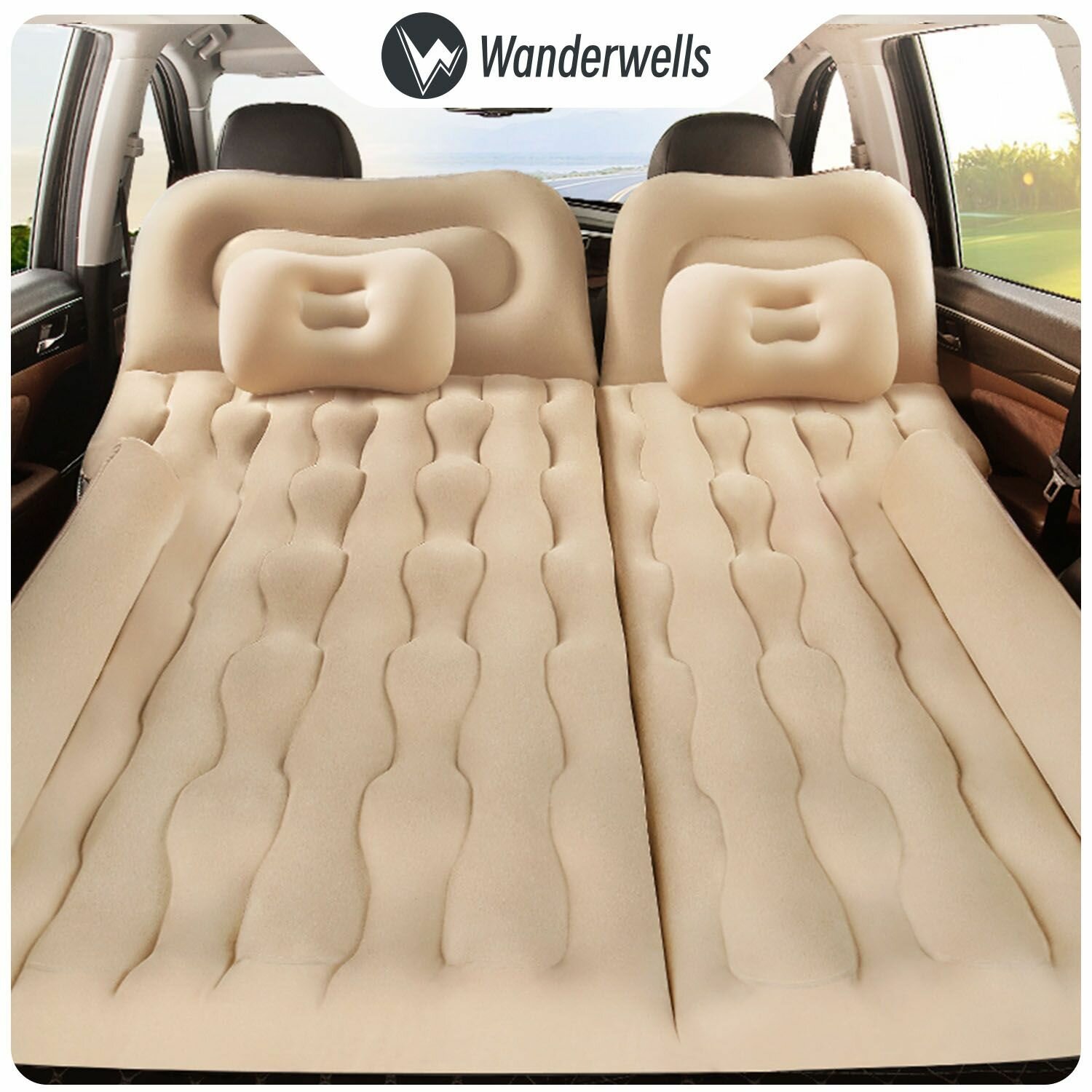 Надувной матрас в машину Wanderwells: универсальный в багажник и на задние сидение авто в комплекте с насосом бежевый