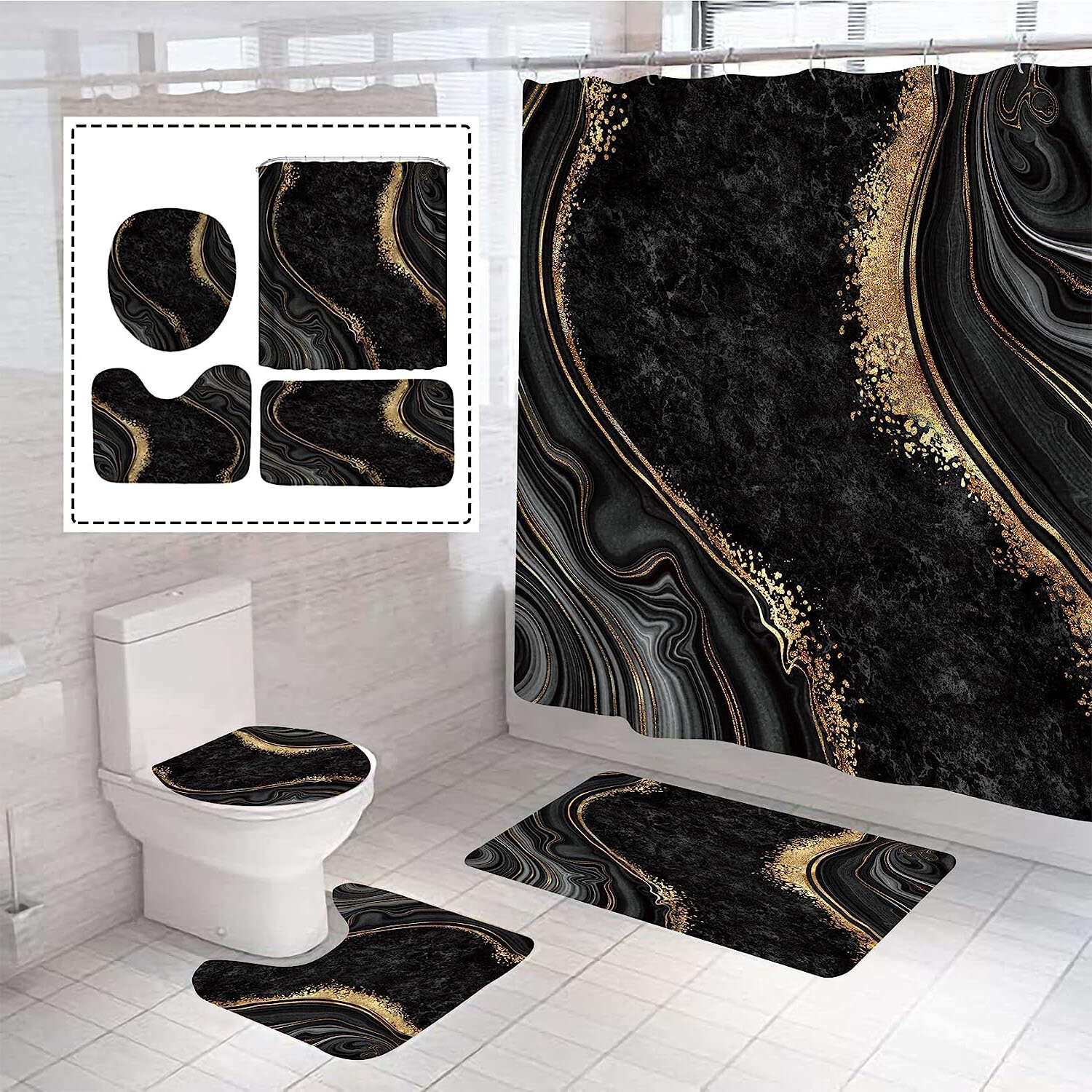 Beifivcl Наборы для ванной комнаты из мрамора 4 штуки, Наборы для ванной с занавеской для душа, ковриком для крышки унитаза, контурным ковриком и ковриком для ванной, Занавеска для душа с 12 крючками для декора ванной комнаты (72 x 72 дюйма), Черный