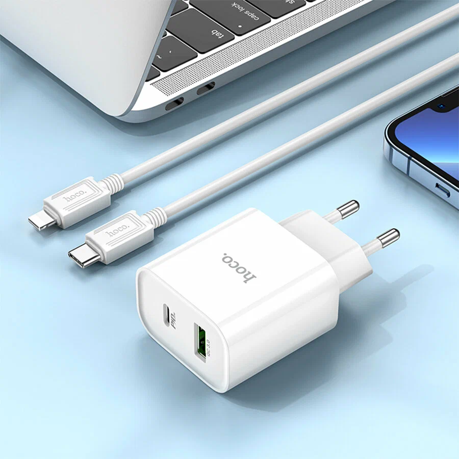 Сетевое зарядное устройство, 1 PD 30W + 1 USB 3.0 QC (CS55A), HOCO, Type-C to Type-C, белый