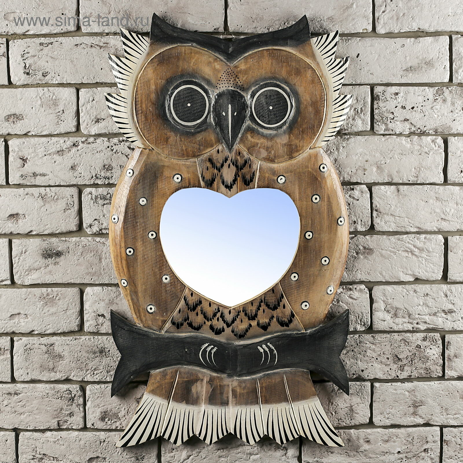 Панно зеркальное "Сова", 1.5x33x60 см, форма: сердце, материал зеркала: стекло