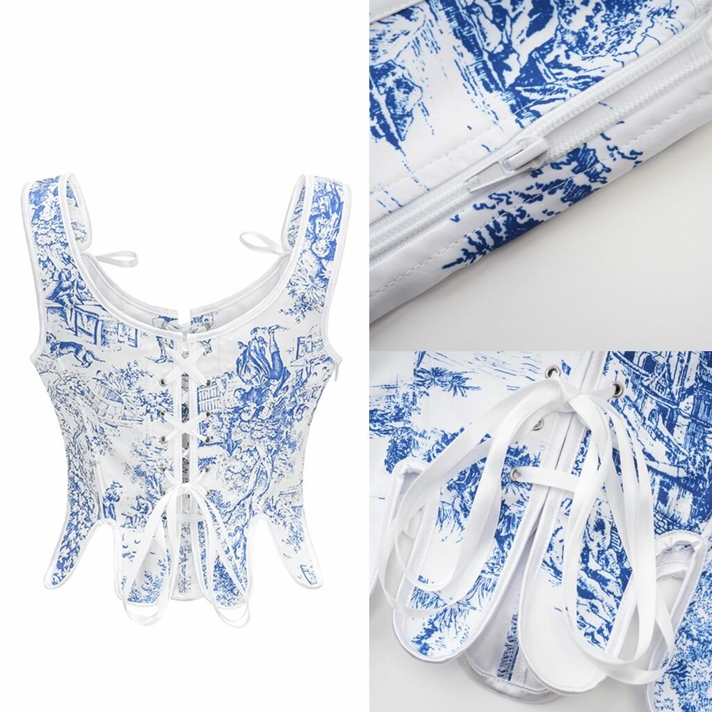 (1 штука) Ретро-сине-белый фарфоровый корсет с задним ремешком-белый-XXL