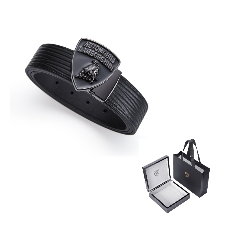 Automobili Lamborghini Cow Leather Belts Men's Black Width 3.4cm 120cm