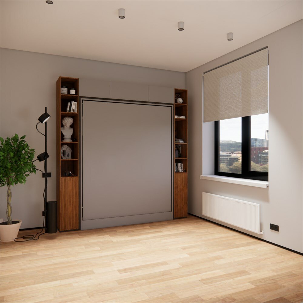 Кровать-трансформер со стеллажами и антресолями: сом-модуль LIGHT 160х200 серый + темное дерево