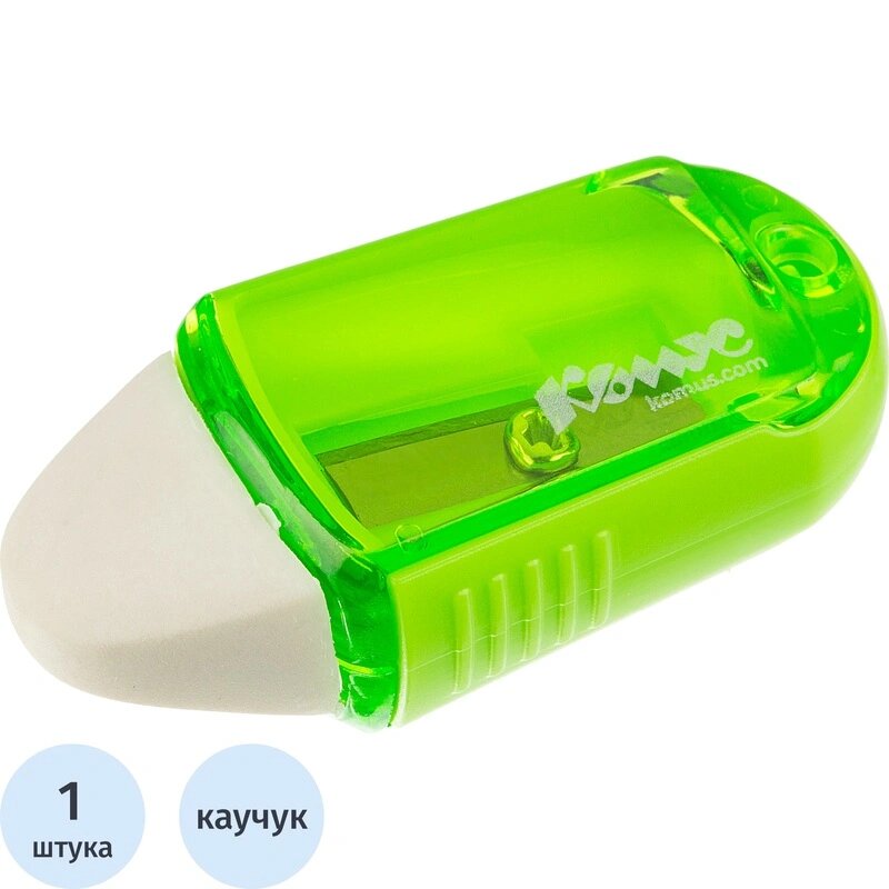 Ластик-точилка Комус, вращающийся корпус, термопласт. каучук, зеленый