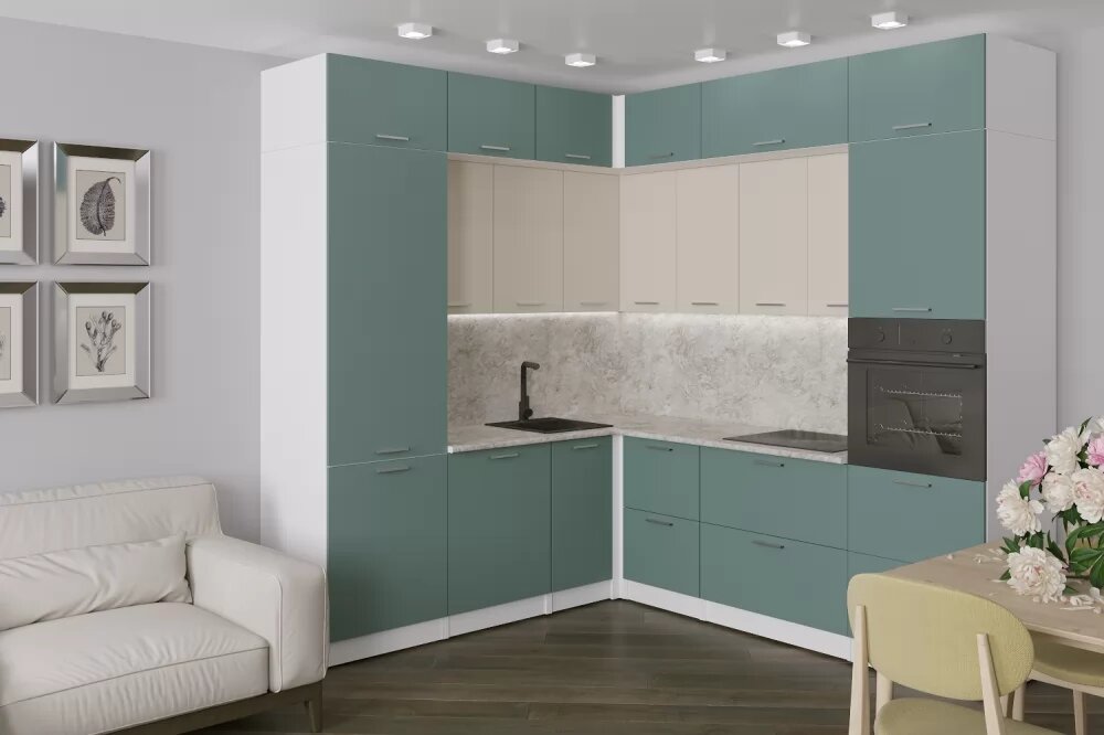 Кухонный гарнитур Герда Глория гранд прайм 2200х2500 мм, каркас ЛДСП, фасад ЛДСП, Белый/Кашемир/Бензин