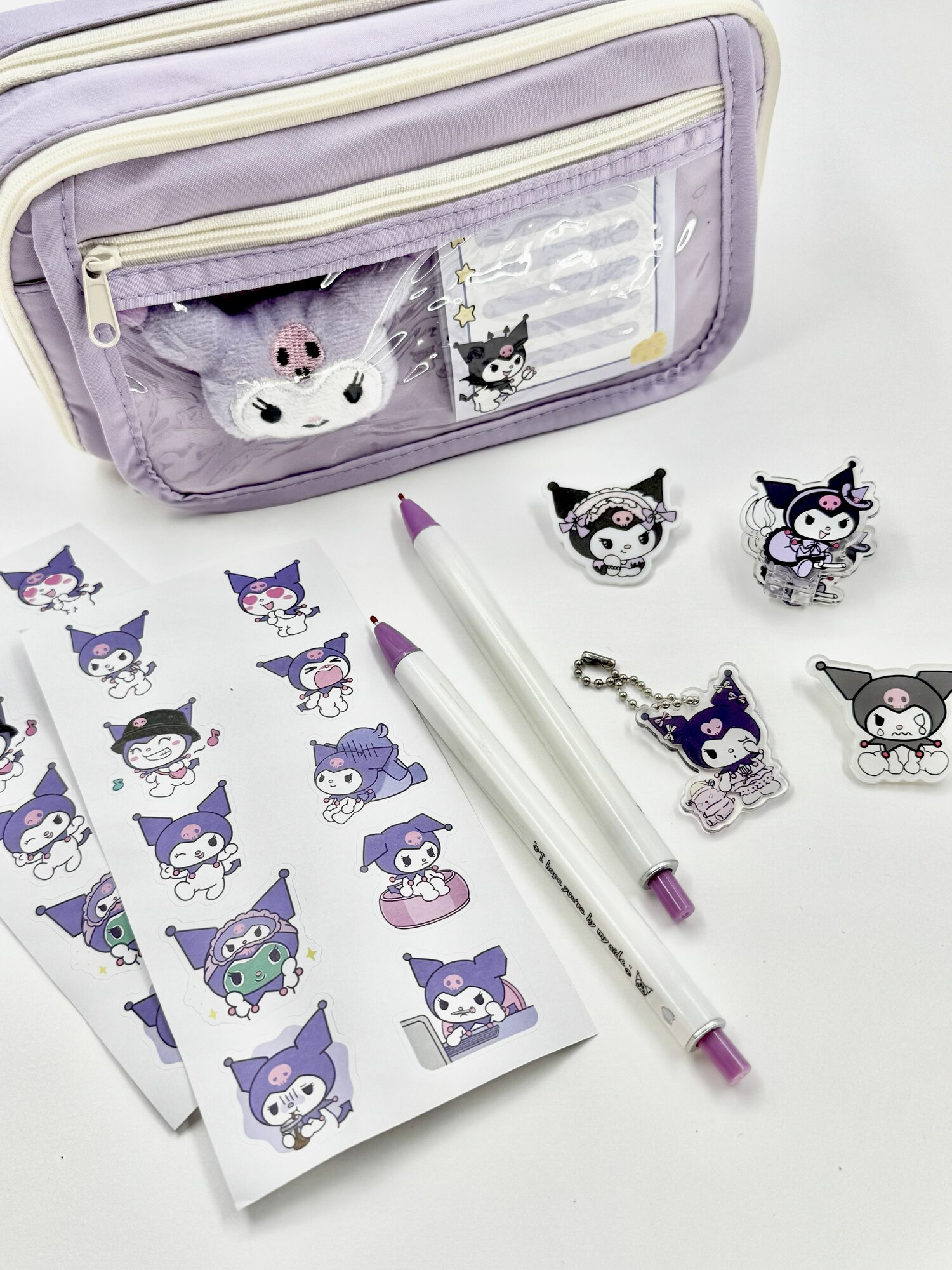 Школьный пенал Куроми сиреневый с наполнением канцтоварами и аксессуарами