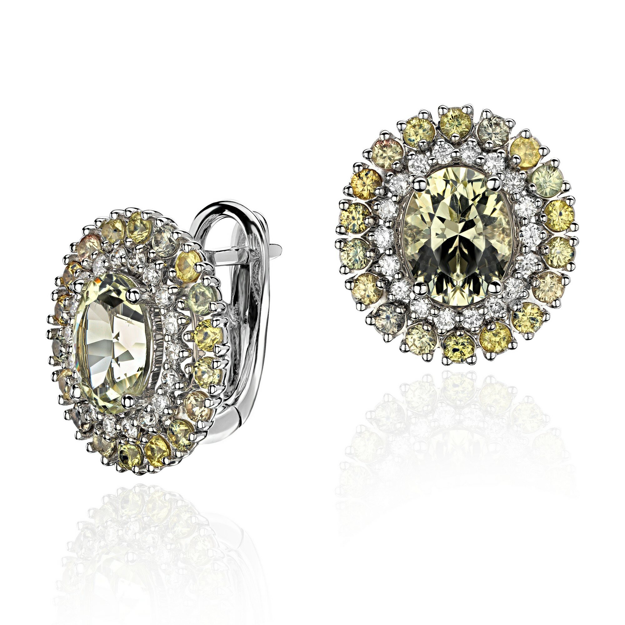 Серьги, белое золото, 750 проба, бриллиант, гелиодор, сапфир