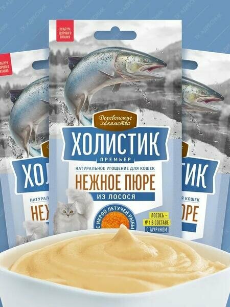 Деревенские лакомства Холистик Премьер 5 шт по 4 шт х10 г пюре для кошек из лосося с икрой летучей рыбы