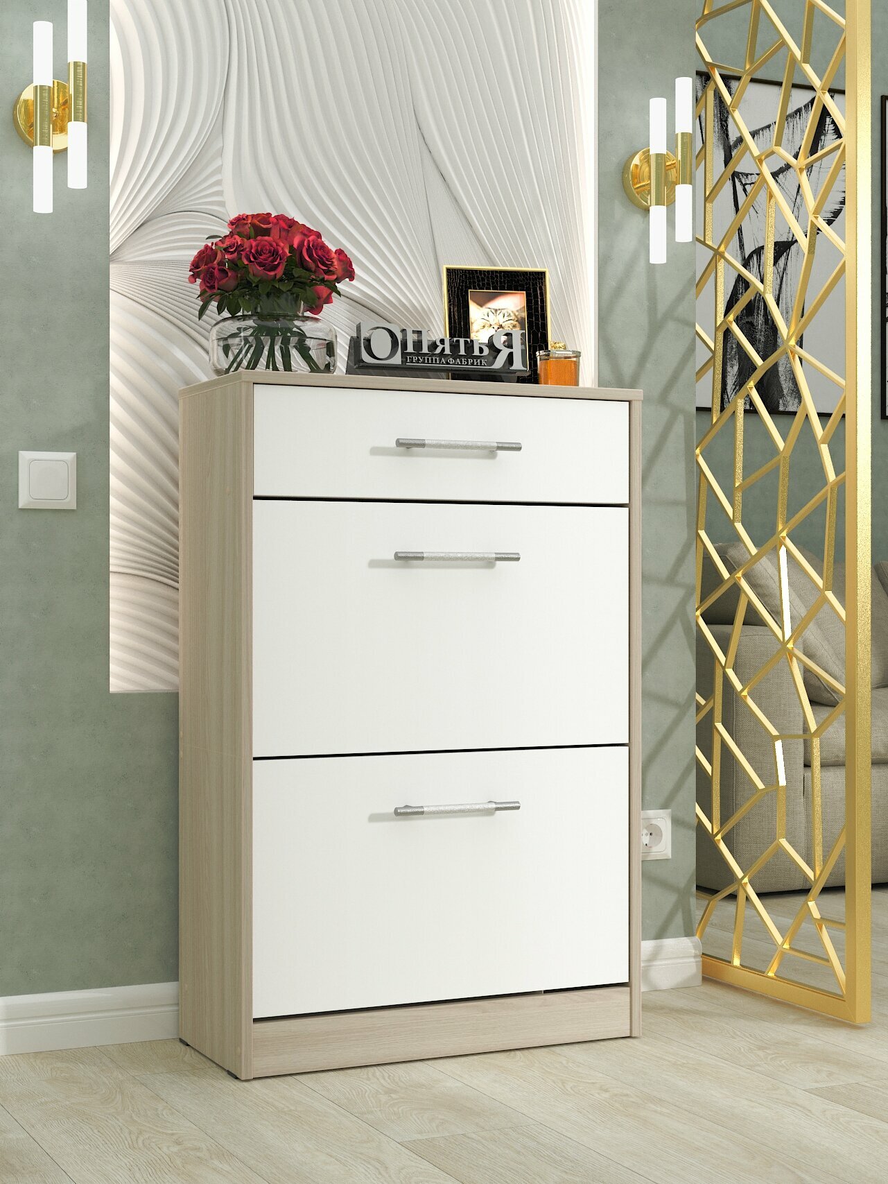 Тумба для обуви деревянная закрытая высокая, обувница в прихожую на 2 ящика + 1 ящик для акссесуаров