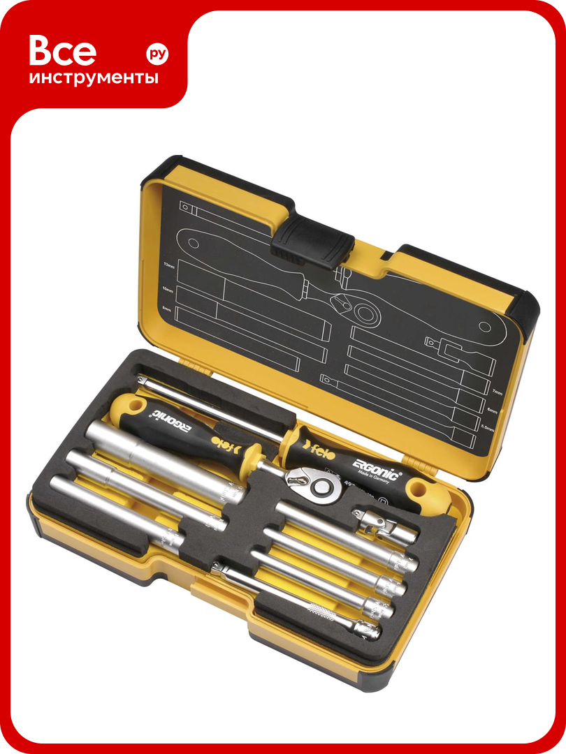 Набор стержней M-TEC с трещоткой и отверткой" Felo ERGONIC в кейсе 1/4"