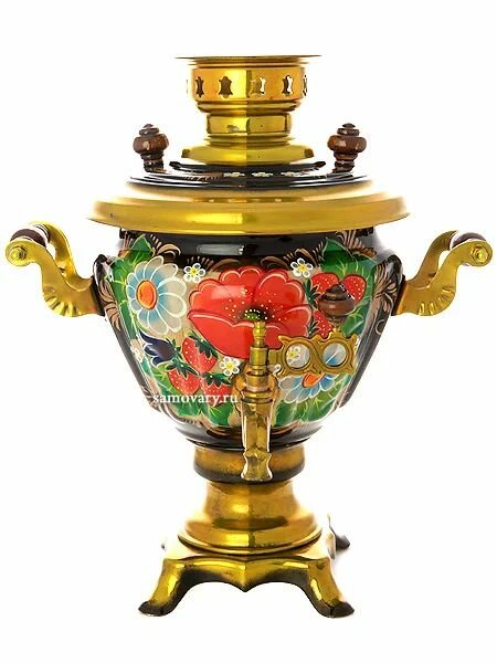 Самовар 2л электрический с художественной росписью Маки на чёрном фоне