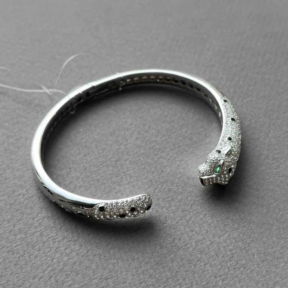 Жесткий браслет, серебро, 925 проба, родирование, фианит