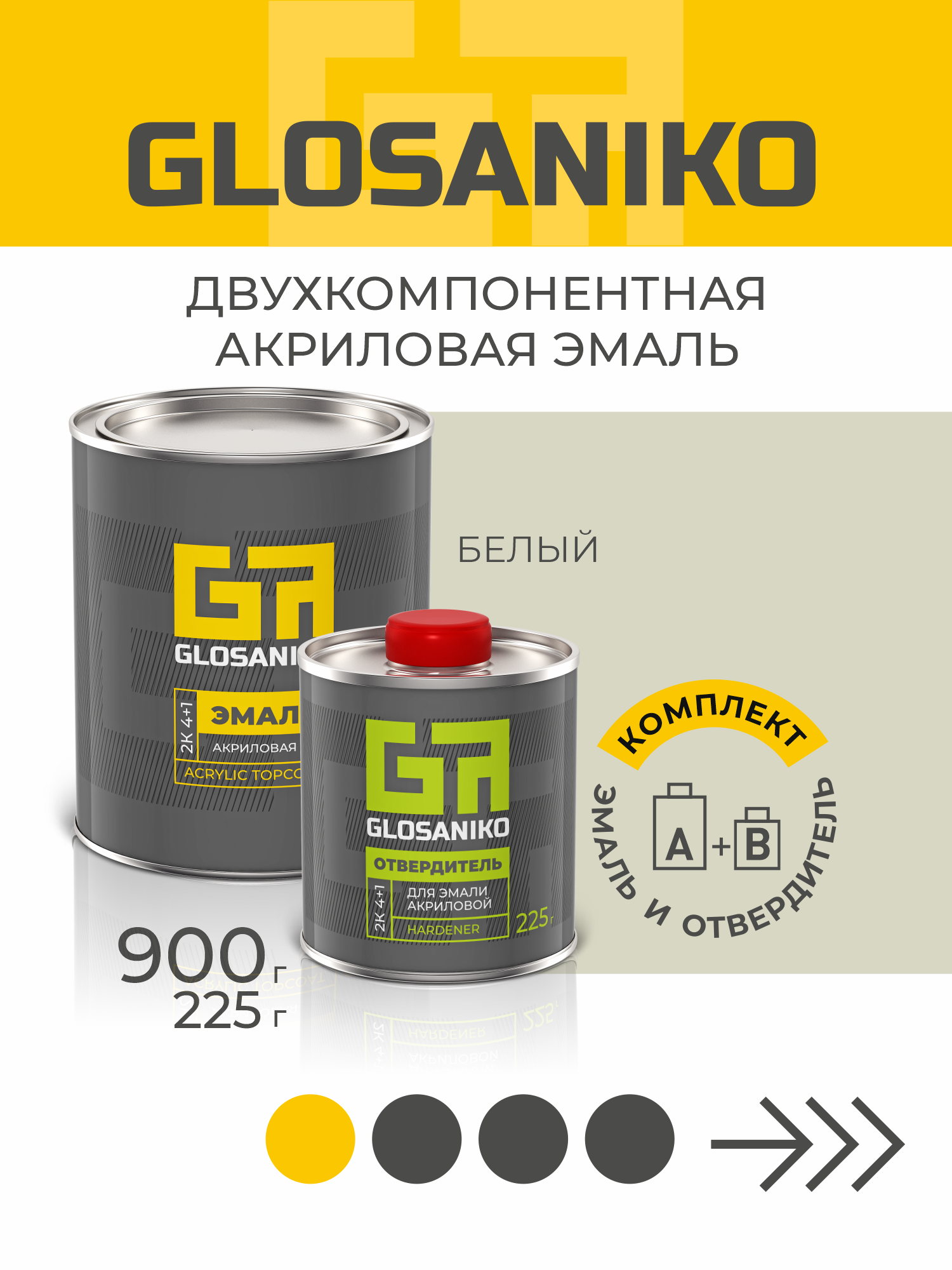 Белый, комплект эмаль 0,9кг + отвердитель 0,225кг, Glosaniko Акриловая эмаль 2К 4:1