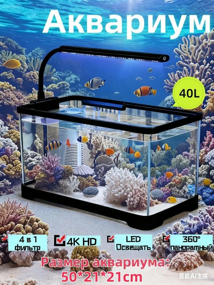 Аквариум для рыбок с подсветкой и фильтром, Панорамный 4k, черное-50*21*21cm